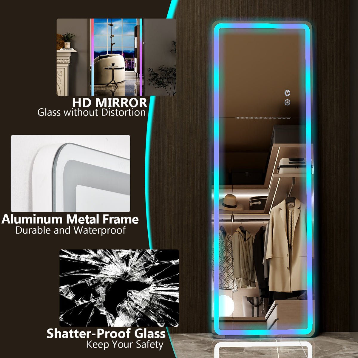BEAUTYPEAK Full Length Mirror with RGB Color Changing Light Floor Mirr ...