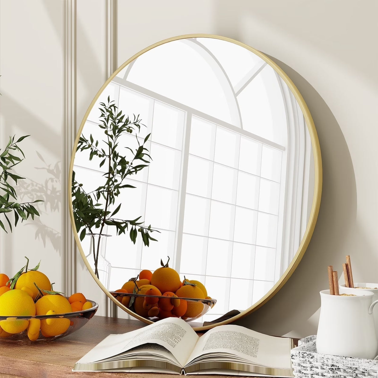 BEAUTYPEAK 24" Wall Mirror Bathroom Mirror Wall Mounted Round Mirror ...