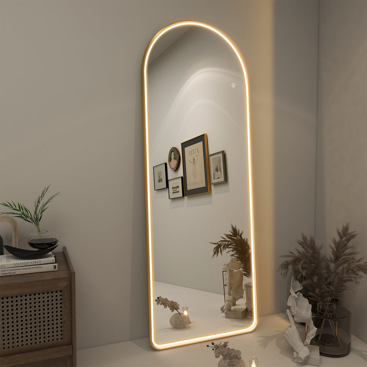 BEAUTYPEAK LED Arched Full Length Mirror 64" x 21" Standing Floor Mirr ...